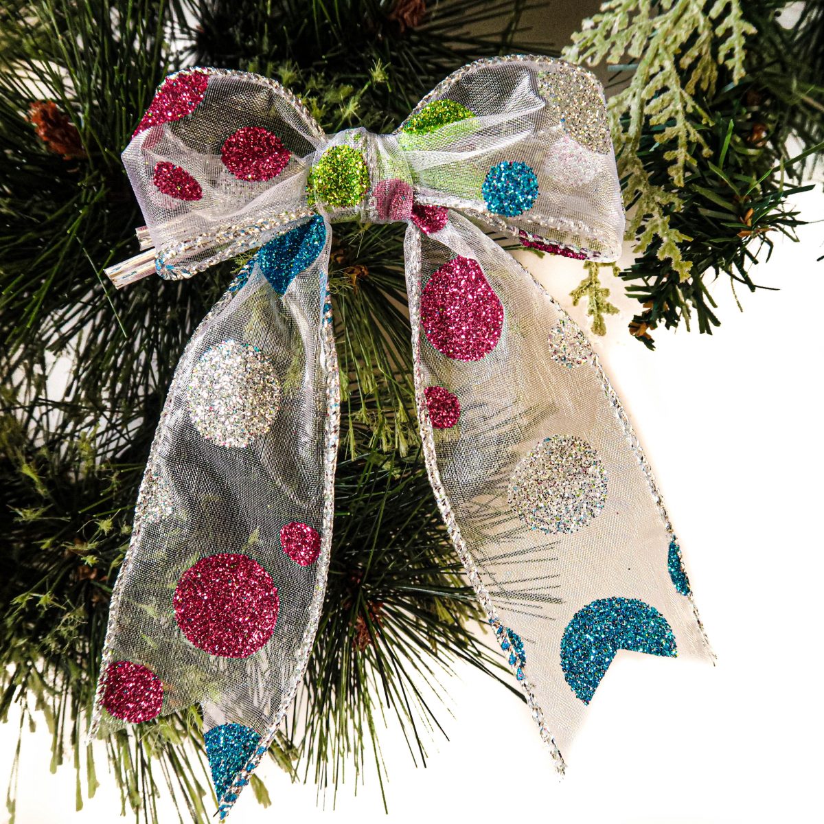 5 Christmas wire edged ribbon polka dot bows - 'Angel' - Typically Unique