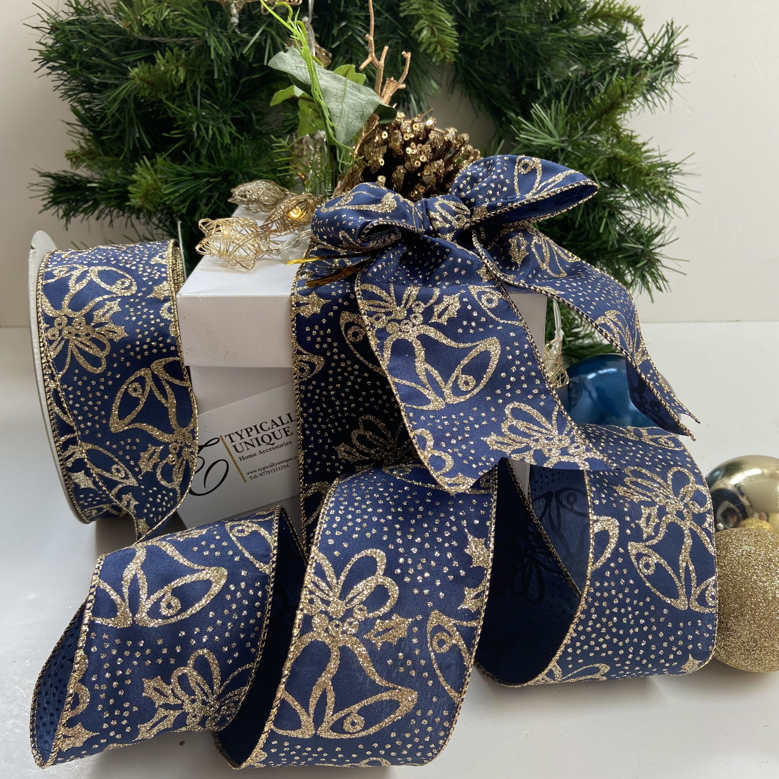 Navy Gold Jingle Bells Christmas Ribbon Wire Edged 'Bella' - Typically ...